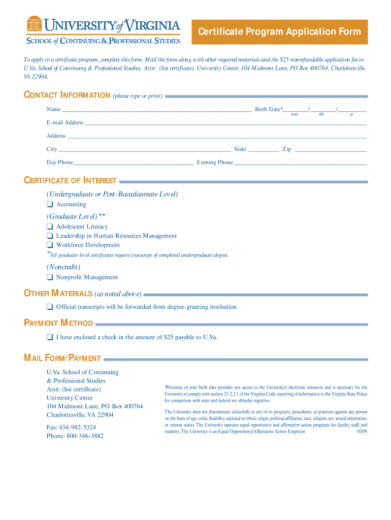 Fillable Online Certificate Program Application Form C - Curry School ...