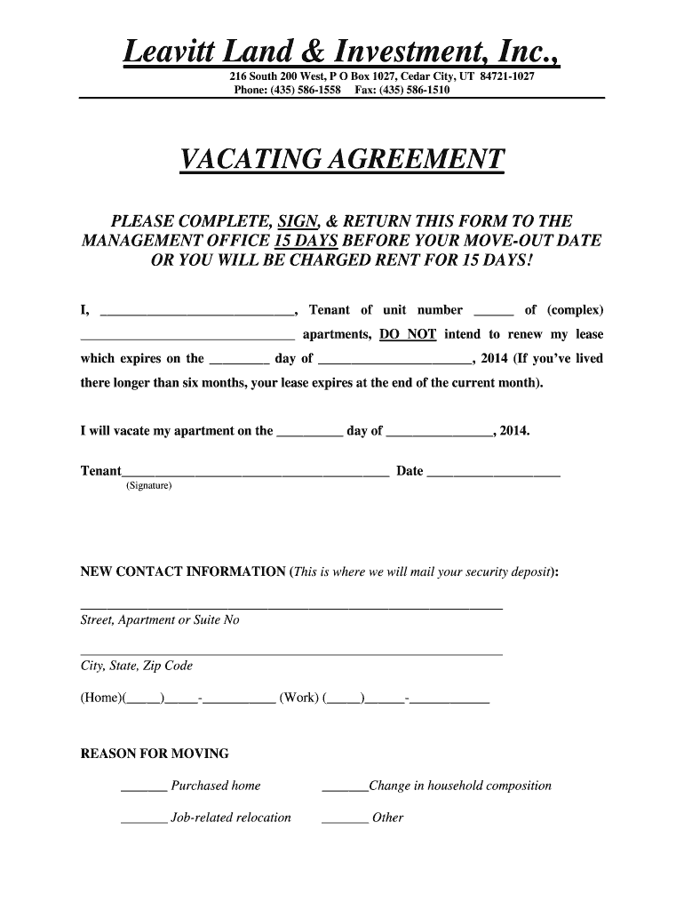 Fillable Online Vacating Agreement - Cedar City Housing Fax Email Print ...