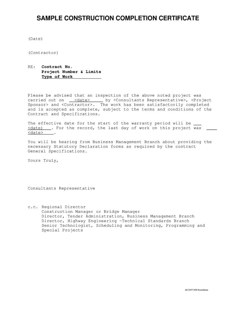 Fillable Online SAMPLE CONSTRUCTION COMPLETION CERTIFICATE Fax Email ...