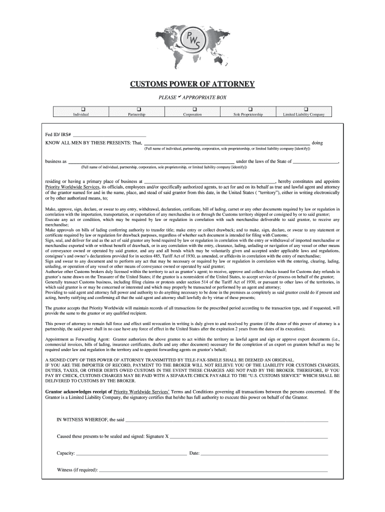 Fillable Online CUSTOMS POWER OF ATTORNEY KNOW ALL MEN BY THESE bb Fax ...