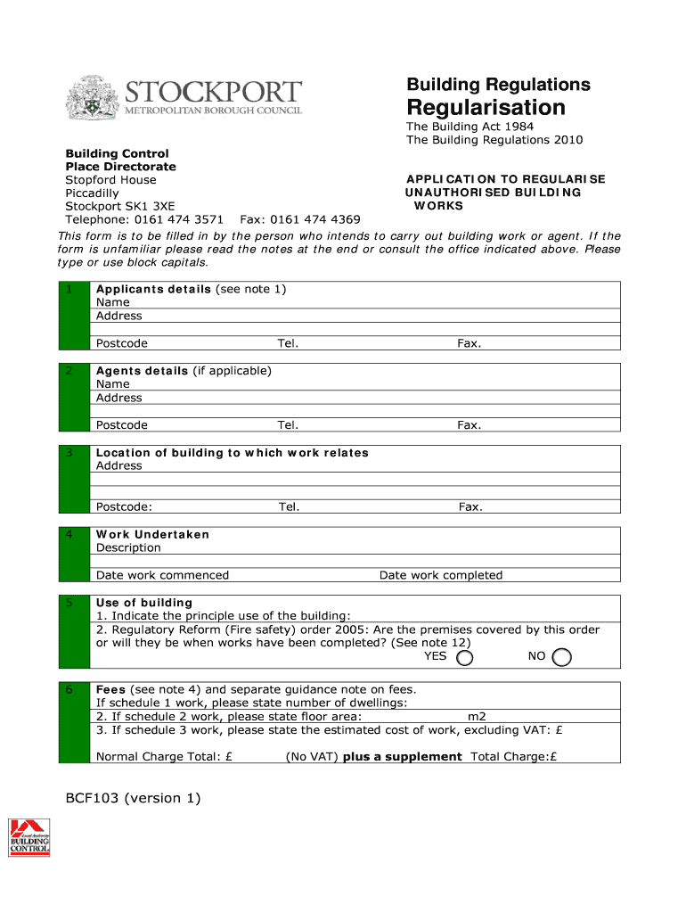 Fillable Online stockport gov Application to Regularise Unauthorised ...
