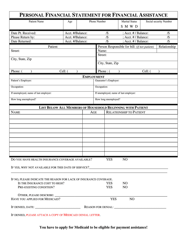 Fillable Online Personal financial statement for financial assistance ...