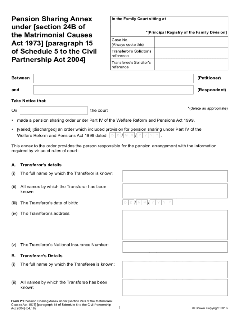 Pension Sharing Annex Form P1 - Blank Fillable Template | Fill Out ...