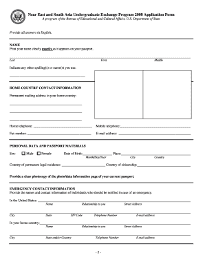 Fillable Online Near East and South Asia Undergraduate Exchange Program 2008 Application Form ...
