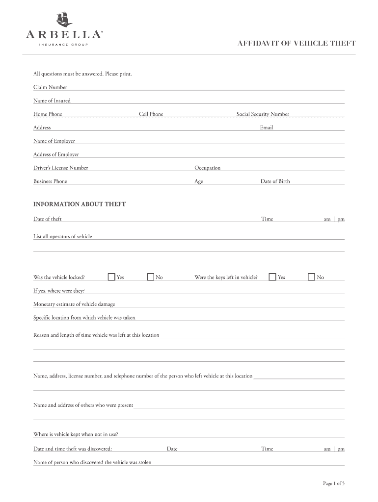 Fillable Online BAFFIDAVITb OF VEHICLE THEFT - Arbella Insurance Fax ...