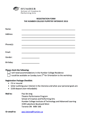 Fillable Online REGISTRATION FORM THE HUMBER COLLEGE PUPPETRY ... Fax ...