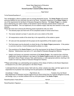 Fillable Online Parent/Guardian Consent/Liability Release Form Senior Project Fax Email Print ...
