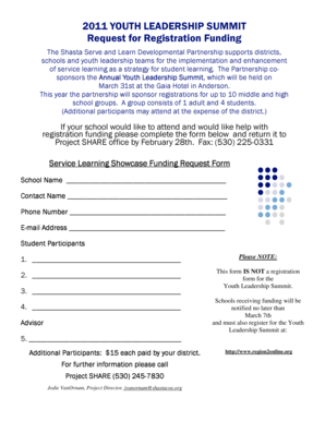 Fillable Online shastacoe Youth Leadership Summit Registration Form ...