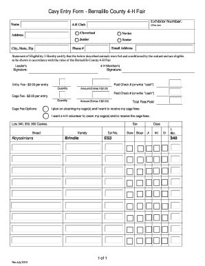 Fillable Online bernalilloextension nmsu Cavy Entry Form - Bernalillo County 4-H Fair Fax Email ...