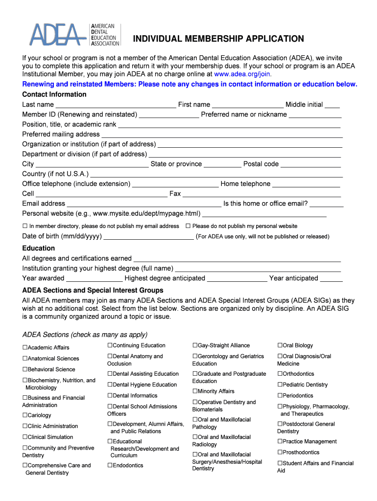 Fillable Online adea ADEA Individual Membership Application - American ...