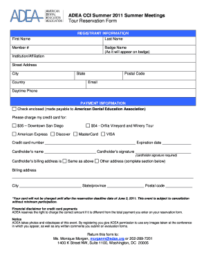 Fillable Online adea ADEA CCI Summer 2011 Summer Meetings Tour ...