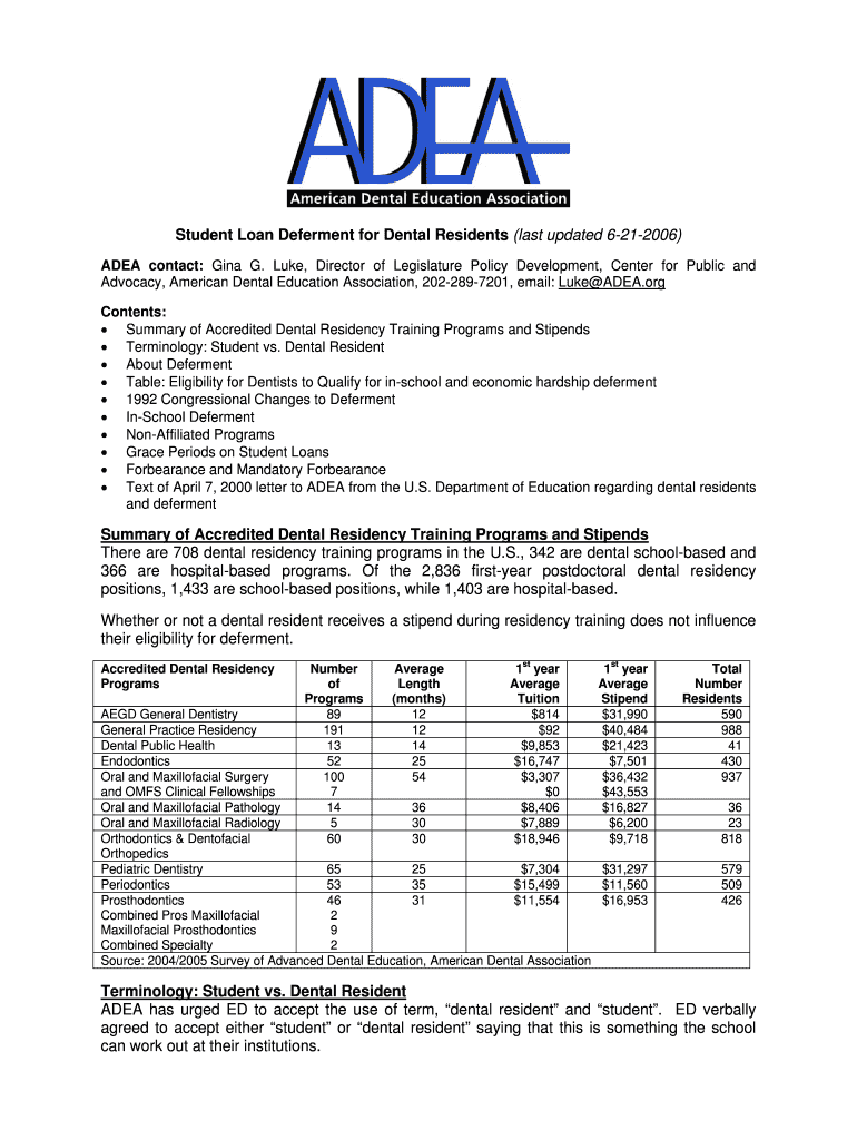 Fillable Online Student Loan Deferment for Dental Residents (last ...