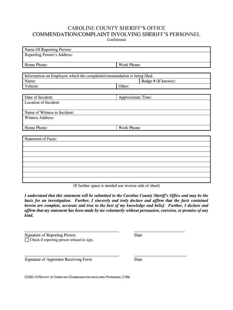 Fillable Online carolinesheriff Commendation/Complaint Form - Caroline ...