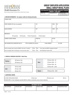 Fillable Online Group employer application small group metal plans ...