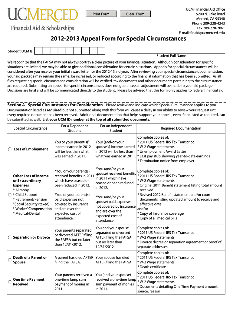 Fillable Online financialaid ucmerced 2012-2013 Appeal Form for Special Circumstances ...