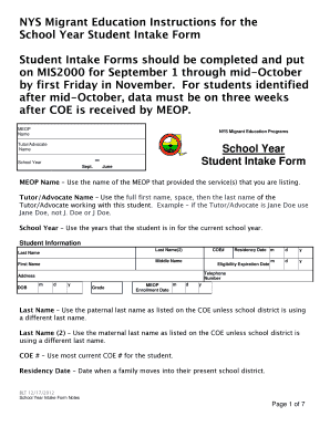 Fillable Online nysmigrant School Year Student Intake Form - NYS ...