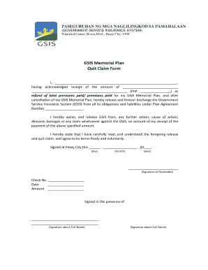 GSIS Memorial Plan Quit Claim Form - Fill and Sign Printable Template ...