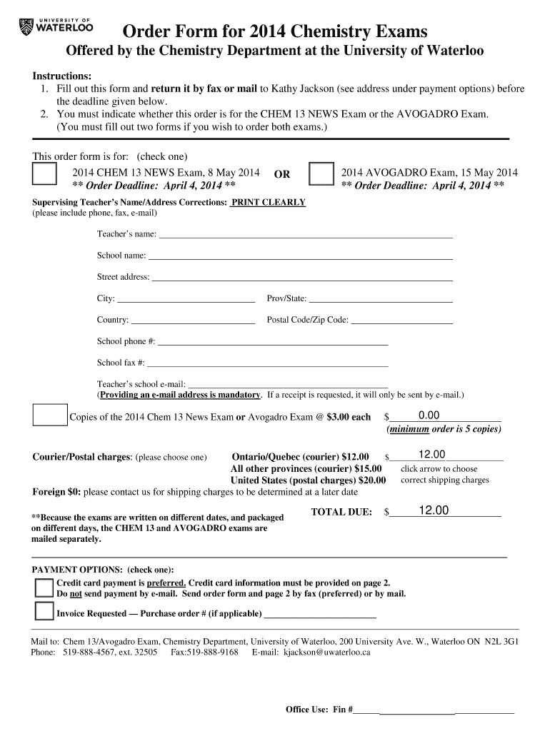 Fillable Online 2014 Chemistry Exam Order Form - University of Waterloo ...
