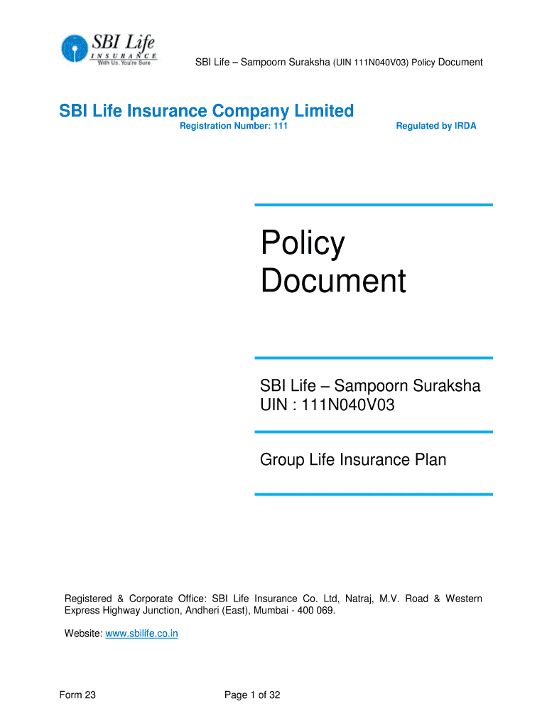 Fillable Online Policy Document - SBI Life - Sampoorn Suraksha - Form ...