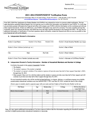 Fillable Online nwc cc wy 2013 2014 INDEPENDENT Verification Form Fax ...