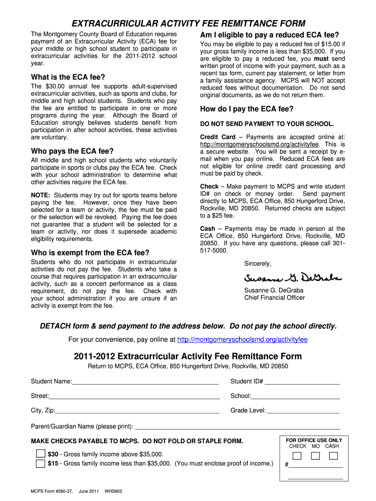 Fillable Online montgomeryschoolsmd EXTRACURRICULAR ACTIVITY FEE ...