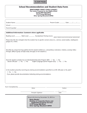 Fillable Online montgomeryschoolsmd School Recommendation and Student Data Form - Montgomery ...