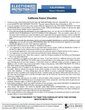 Fillable Online 866ourvote Voters Checklist Fax Email Print - pdfFiller