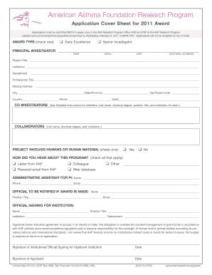 Fillable Online americanasthmafoundation Application Cover Sheet for 2011 Award Fax Email Print ...