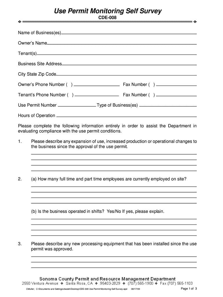 Fillable Online sonoma-county Use Permit Monitoring Self Survey ...