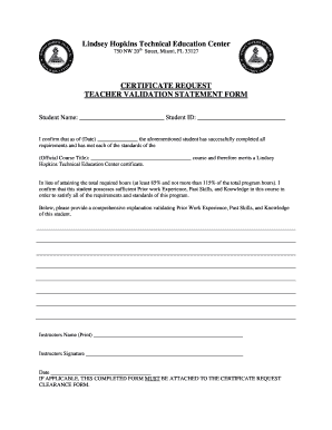 Fillable Online lindsey dadeschools CERTIFICATE REQUEST TEACHER ...