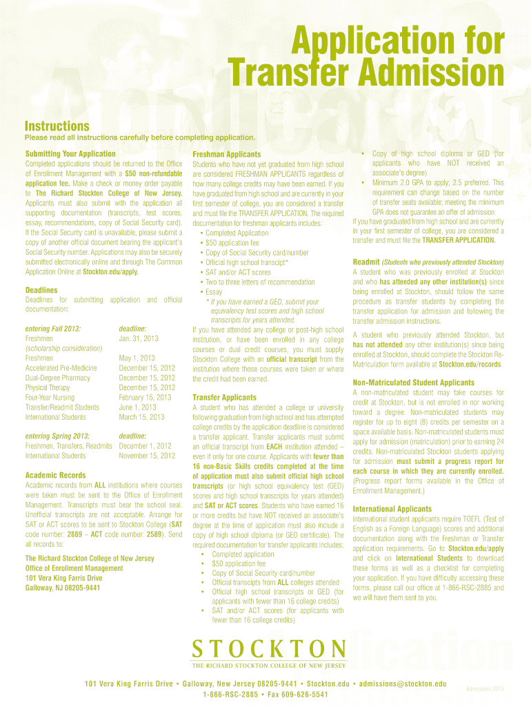 Fillable Online intraweb stockton Application for Application Transfer Admission - intraweb ...