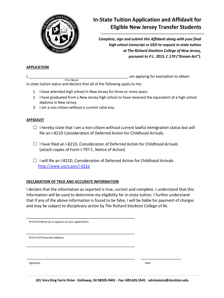 Fillable Online intraweb stockton In-State Tuition Application and Affidavit for Eligible New ...