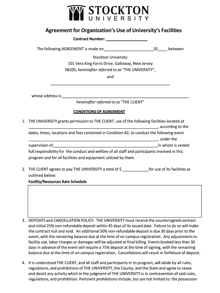 Fillable Online intraweb stockton Agreement for Organizations Use of Colleges Facilities Fax ...