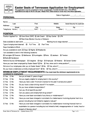 Fillable Online Easter Seals of Tennessee Application for Employment ...