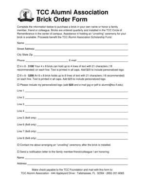 Fillable Online alumni tcc fl TCC Alumni Association Brick Order Form ...