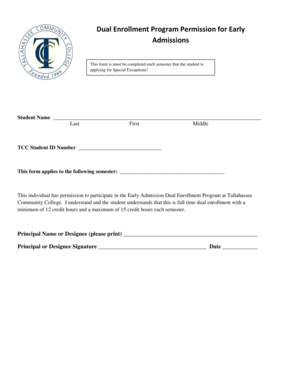 Fillable Online Dual Enrollment Program Permission for Early Admissions Fax Email Print - pdfFiller