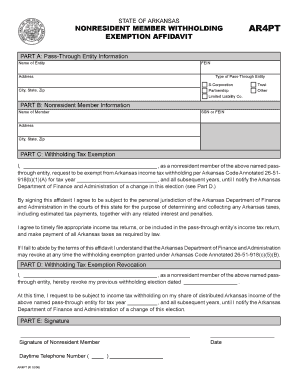 Fillable Online arkansas NONRESIDENT MEMBER WITHHOLDING AR4PT EXEMPTION AFFIDAVIT - arkansas Fax ...