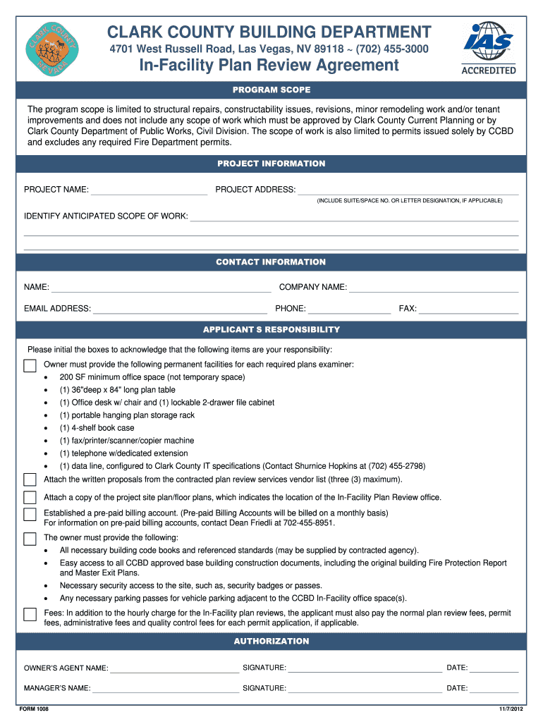 Fillable Online clarkcountynv In-Facility Plan Review Agreement Form ...