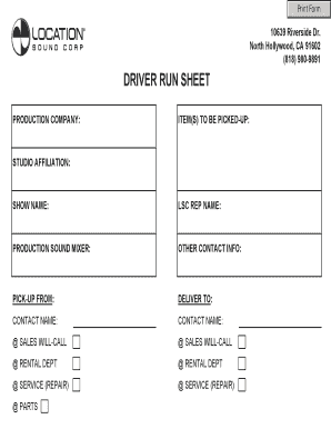 Fillable Online Driver Run Sheet - Location Sound Corporation Fax Email ...