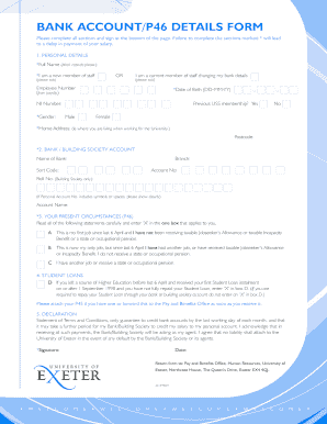 Fillable Online BANK ACCOUNT/P46 DETAILS FORM - University of Exeter ...