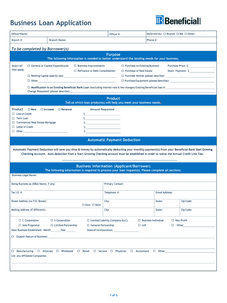 Beneficial Bank Business Loan Application Form Fill Online Printable 