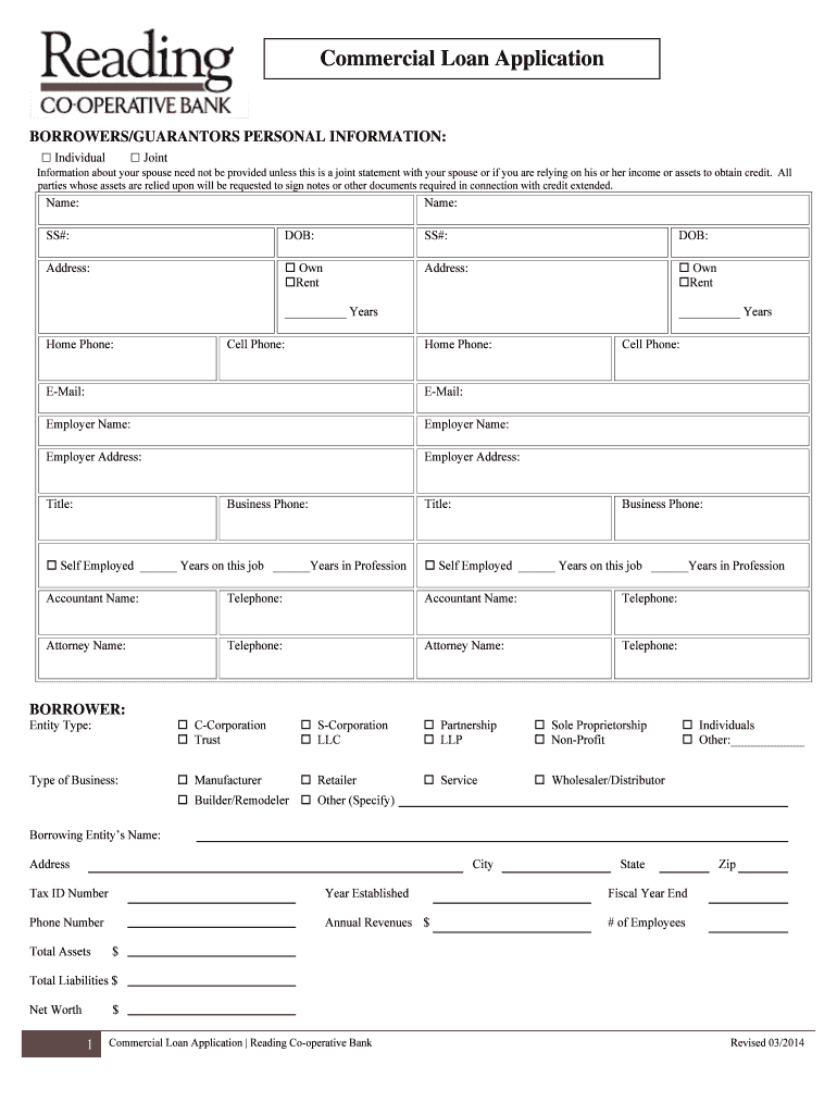 Fillable Online Commercial Loan Application - Reading Co-operative Bank ...