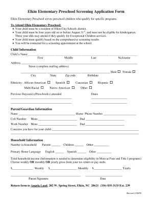 Fillable Online web elkin k12 nc Preschool Screening Application ...
