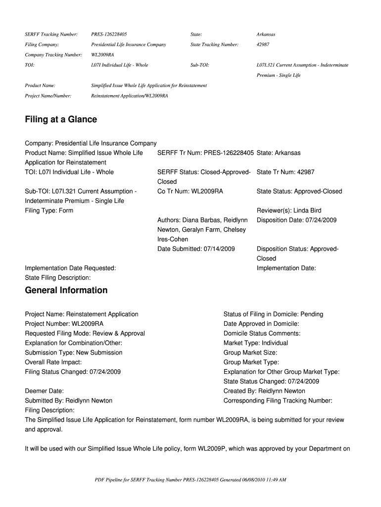 Fillable Online insurance arkansas Filing PRES-126228405. Filing PRES-126228405 Fax Email Print ...