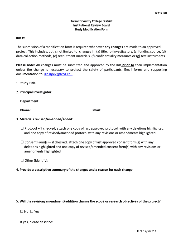 Fillable Online tccd Study Modification Form - Tarrant County College ...