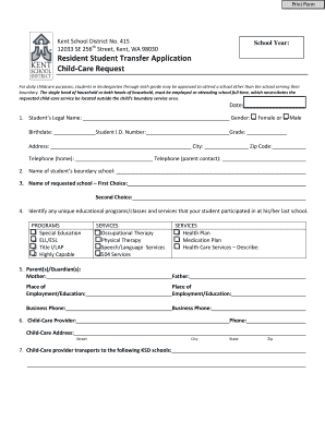 Fillable Online Child Care Application - Kent School District Fax Email ...