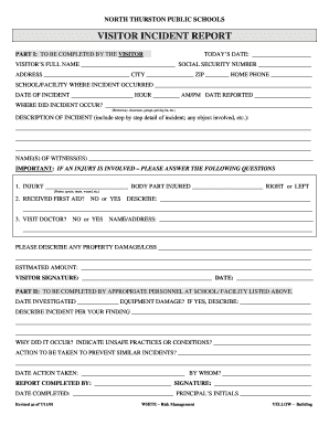 Fillable Online VISITOR INCIDENT REPORT - North Thurston Public Schools ...