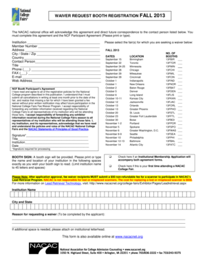 Fillable Online nacacnet WAIVER REQUEST BOOTH REGISTRATION FALL 2013 ...