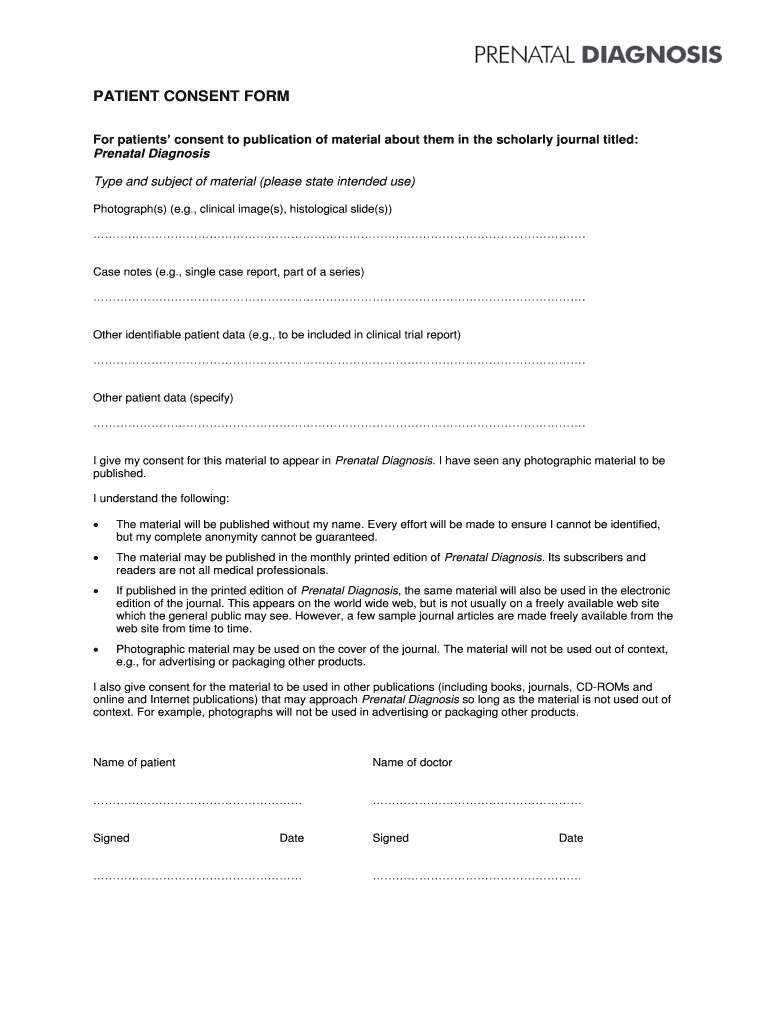 Fillable Online For patients consent to publication of material about ...