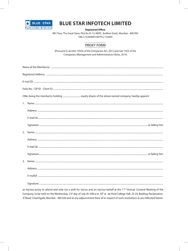 Fillable Online Proxy Form - Blue Star Infotech Fax Email Print - pdfFiller